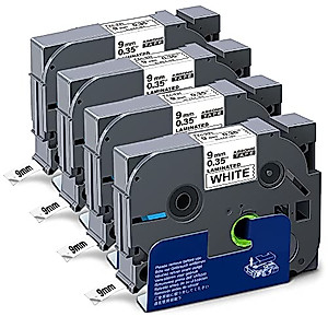 4 Pack Absonic Compatible Label Tape Replacement for Brother Tze Tape 9mm TZe-221 0.35 Laminated White Tape Tz-221 for Ptouch PT-H100 PT-H110 PT-D600 PT-D400 PT-D210 PT-1290 Label Maker, 9mm x 8m