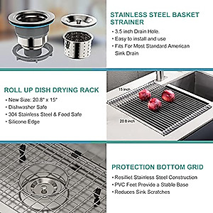 SR SUN RISE 30 Inch Kitchen Sink, Undermount Single Bowl Kitchen Sink, 16 Gague 304 Stainless Steel Sink with Roll Up Dish Drying Drainer & Strainer & Bottom Grid, 30"×18"×10"
