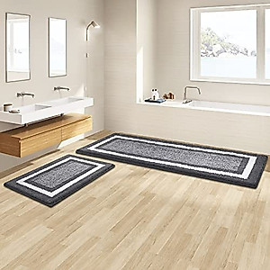KMAT Bathroom Rugs and Mats Sets,2 PCS Ultra Soft Microfiber Non-Slip Bath mat,Machine Washable Shower Rugs Floor Carpet Mat for Bathroom,Tub and Shower (59"x20"+26"x18", Dark Grey)