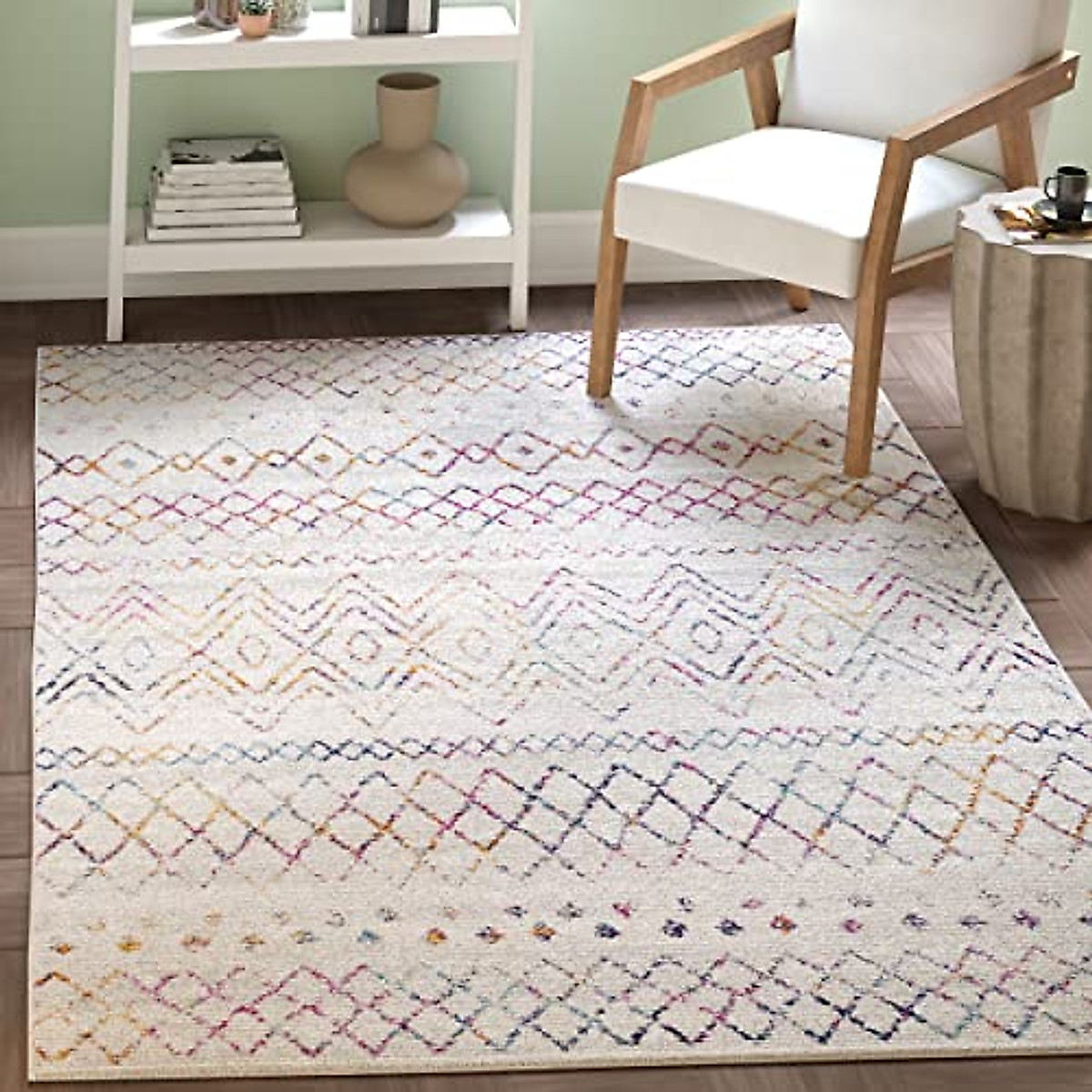 SAFAVIEH Madison Collection 6'7" Square Ivory / Fuchsia MAD798A Moroccan Boho Distressed Non-Shedding Living Room Bedroom Dining Home Office Area Rug