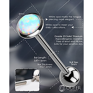 OUFER 14G Tongue Rings, G23 Solid Titanium Tongue Piercing Jewelry, White Opal Internally Threaded Tongue Ring, Tongue Rings for Women Men