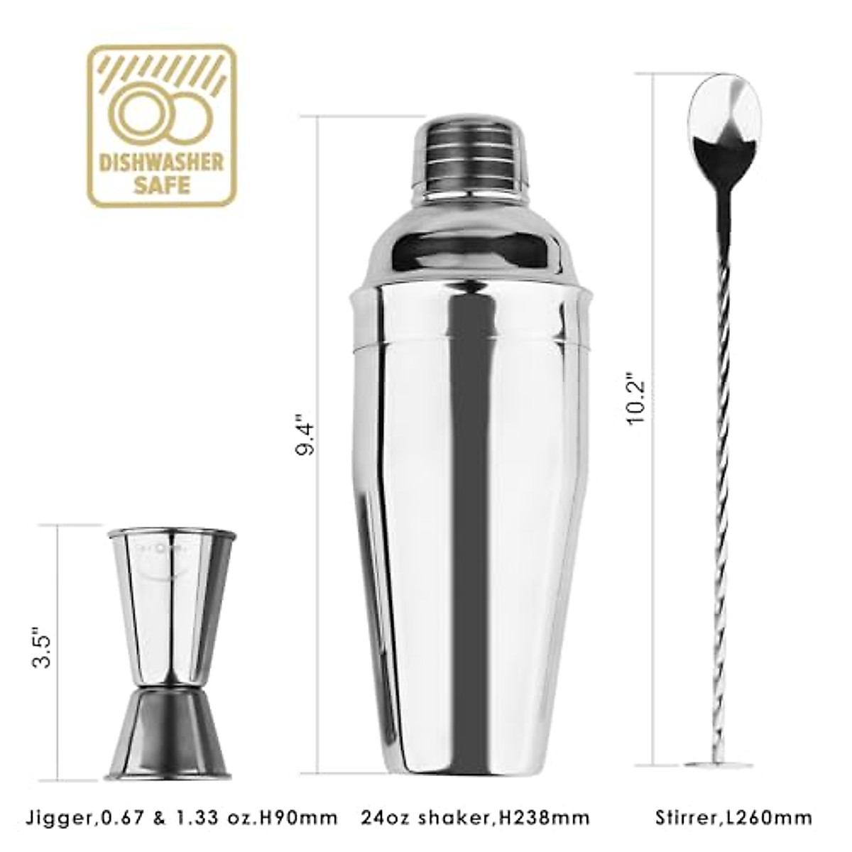 Arora 24OZ Cocktail Shaker Mixer Set, 3Pcs Bar Acccessories Including Martini Shaker, Long Handle Mixing Stirring Spoon, Cocktail Jigger for Bartending, Ideal Mixology Bartender Kit Home Bar Gift