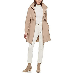 Calvin Klein Women's Water Resistant Adjustable Waist Hooded Back Logo Detail Anorak, Khaki Medium