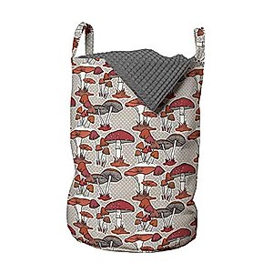 Ambesonne Mushroom Laundry Bag, Toadstools Forrest Pattern Autumn Feels Trees Nature Art on Polka Dots, Hamper Basket with Handles Drawstring Closure for Laundromats, 13" x 19", Orange Dark Coral Tan