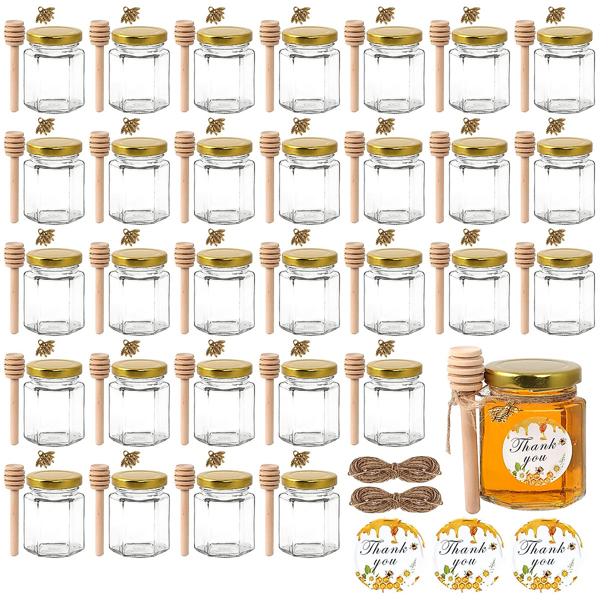 BIGIVACA 3 Ounce Hexagonal Mini Glass Honey Jar with Wooden Dips, 30 Honey Jars with Gold Lid, Bee Pendant, Jute, 35 Bees Stickers, Great for Baby Showers, Party Gifts, Wedding Gifts