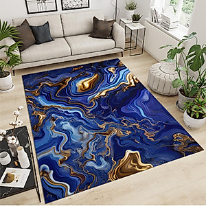 HUAKAM Navy Blue and Gold Marble Area Rug, Retro and Luxurious Living Room Throw Rugs, Machine Washable Rug Lightweight Portable Breathable for Bedroom Study Dining Room5 x 7ft, Style-20