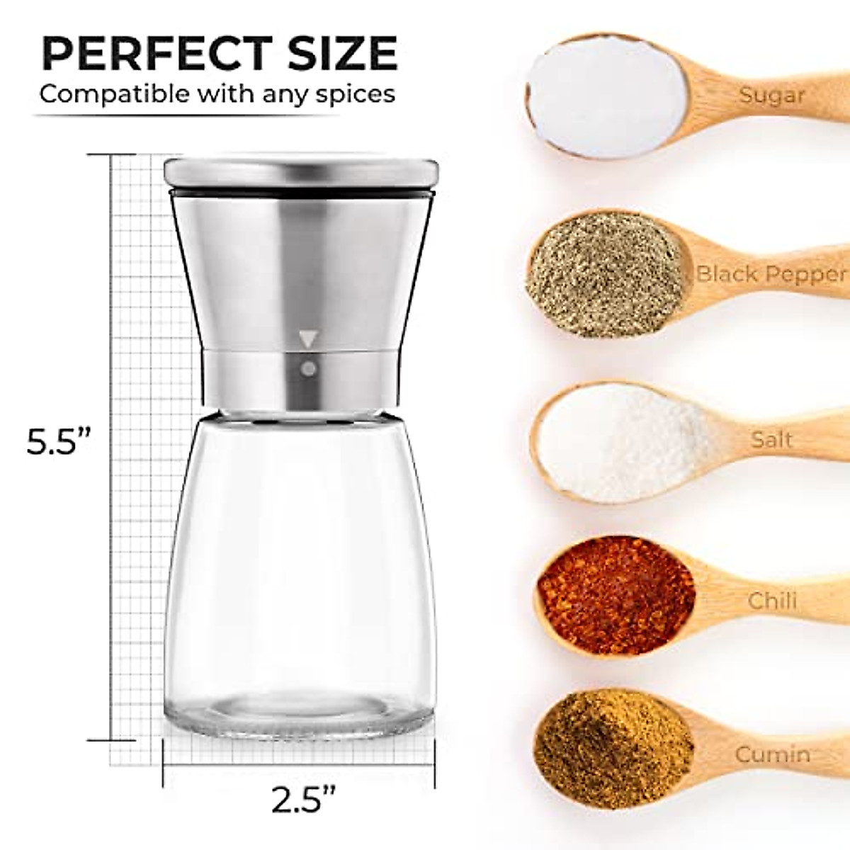 Pepper Grinder or Salt Shaker for Professional Chef - Best Spice Mill with Brushed Stainless Steel, Special Mark, Ceramic Blades and Adjustable Coarseness… (2.5'' x 5.5'')