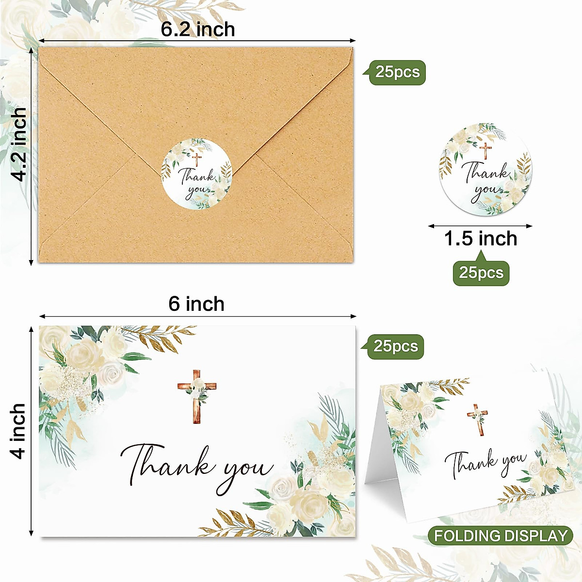 BYBOUS 25 Pack Thank You Cards with Envelope & Stickers, 4 * 6in Watercolor Cross Flower Blank Inside Thank You Card for Baptism, Wedding, Funeral, Bridal Shower, Baby Shower, Communion