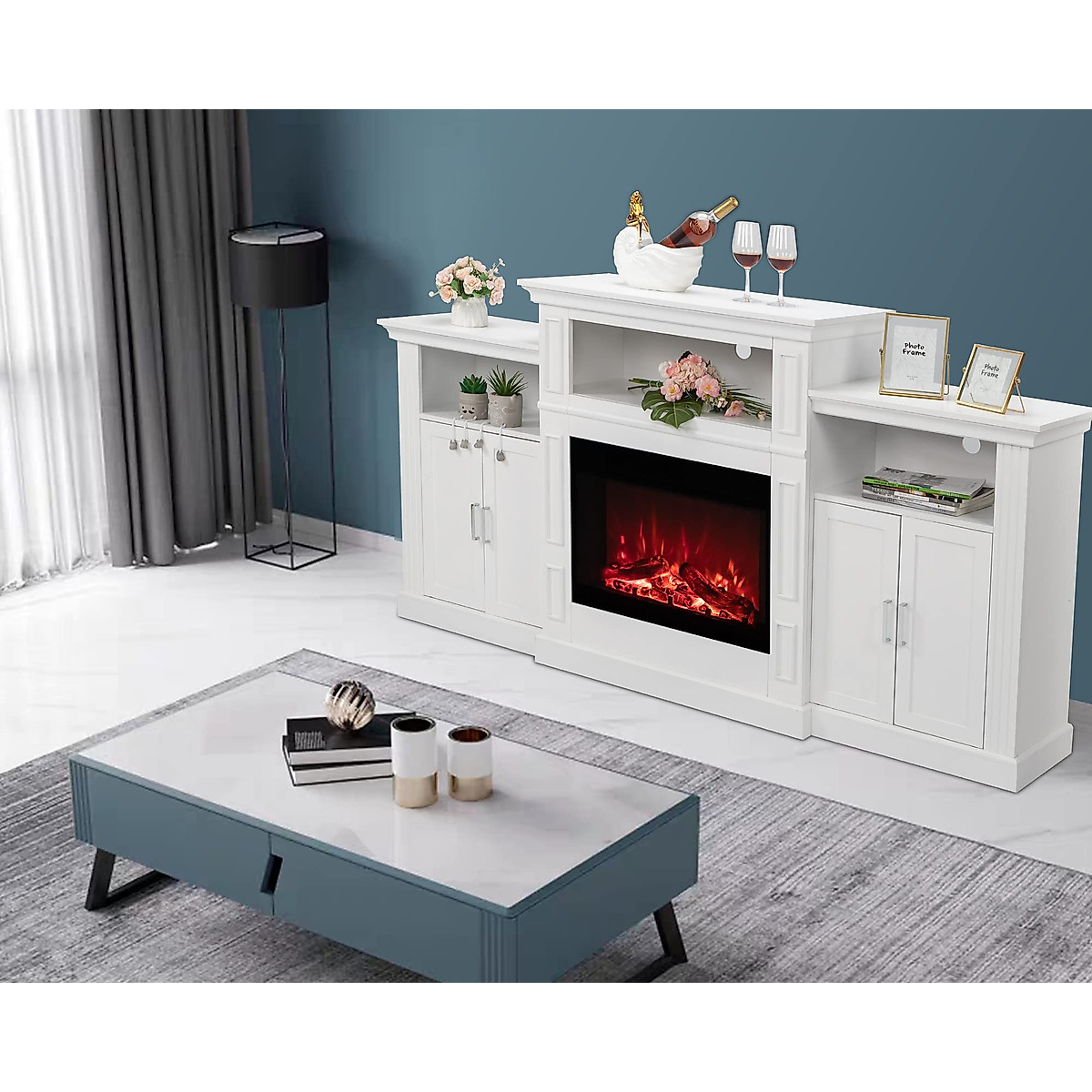 VINGLI Electric Fireplace with Mantel, Fireplace TV Stand for TVs Up to 85'', Modern Entertainment Center with Storage, TV Console with Shelves for Living Room and Bedroom (White, 79'' x 16'' x 41'')