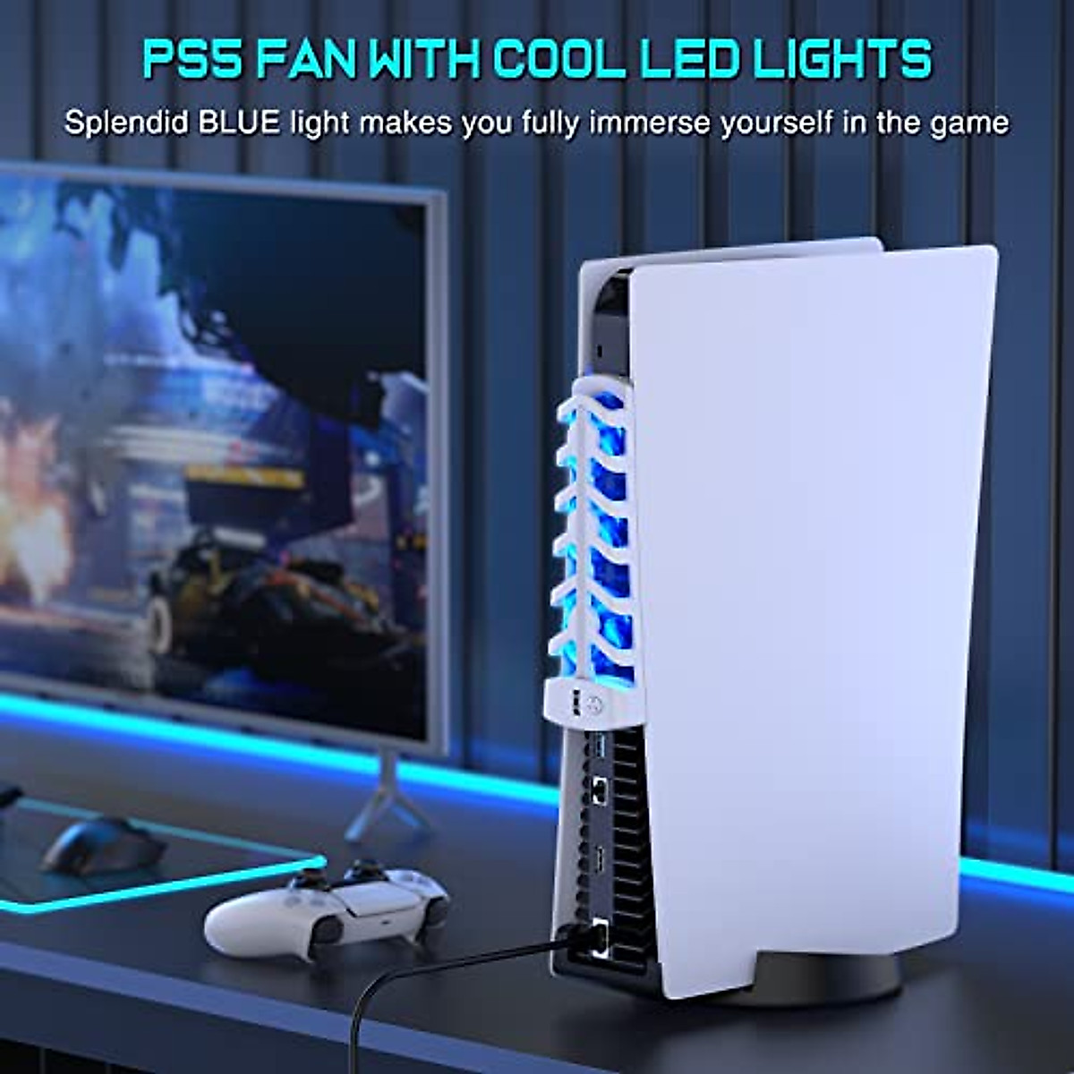 EXTREMECOOL PS5 Cooling Fan, PS5 Accessories PS5 Cooler with 3 High-Speed Cooling Fans (5000RPM) and Cool LED Light, PS5 Fan Cooling Fan Come with USB Port for Sony PS5 Digital/Disc Edition