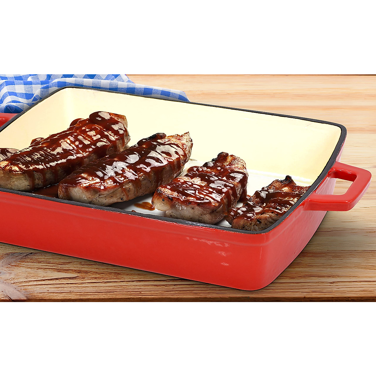 Eternal Living Enameled 13" Cast Iron Baking Pan Rectangular Lasagna Dish Large Roasting Pan Red