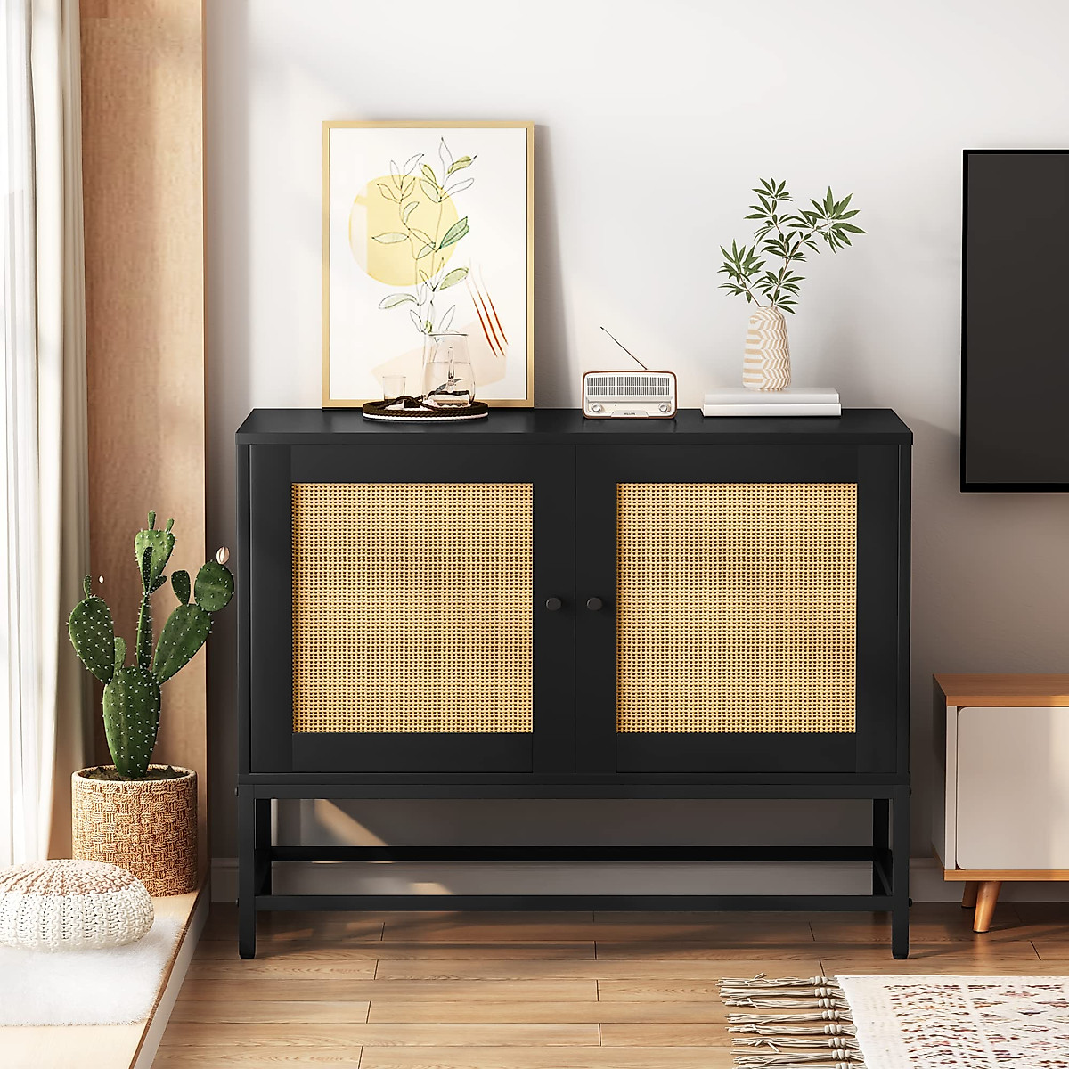 AWQM Buffet Cabinet with Storage, Set of 2, Rattan Buffet Cabinet with 2 Doors, Adjustable Shelves and Sturdy Metal Frame, Modern Accent Sideboard Cabinet for Kitchen, Dining Room, Living Room - Black