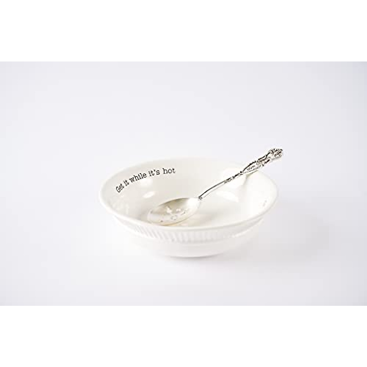 Mud Pie, White Vegetable Serving Bowl Set with Slotted Spoon, 9x6.5x2.5