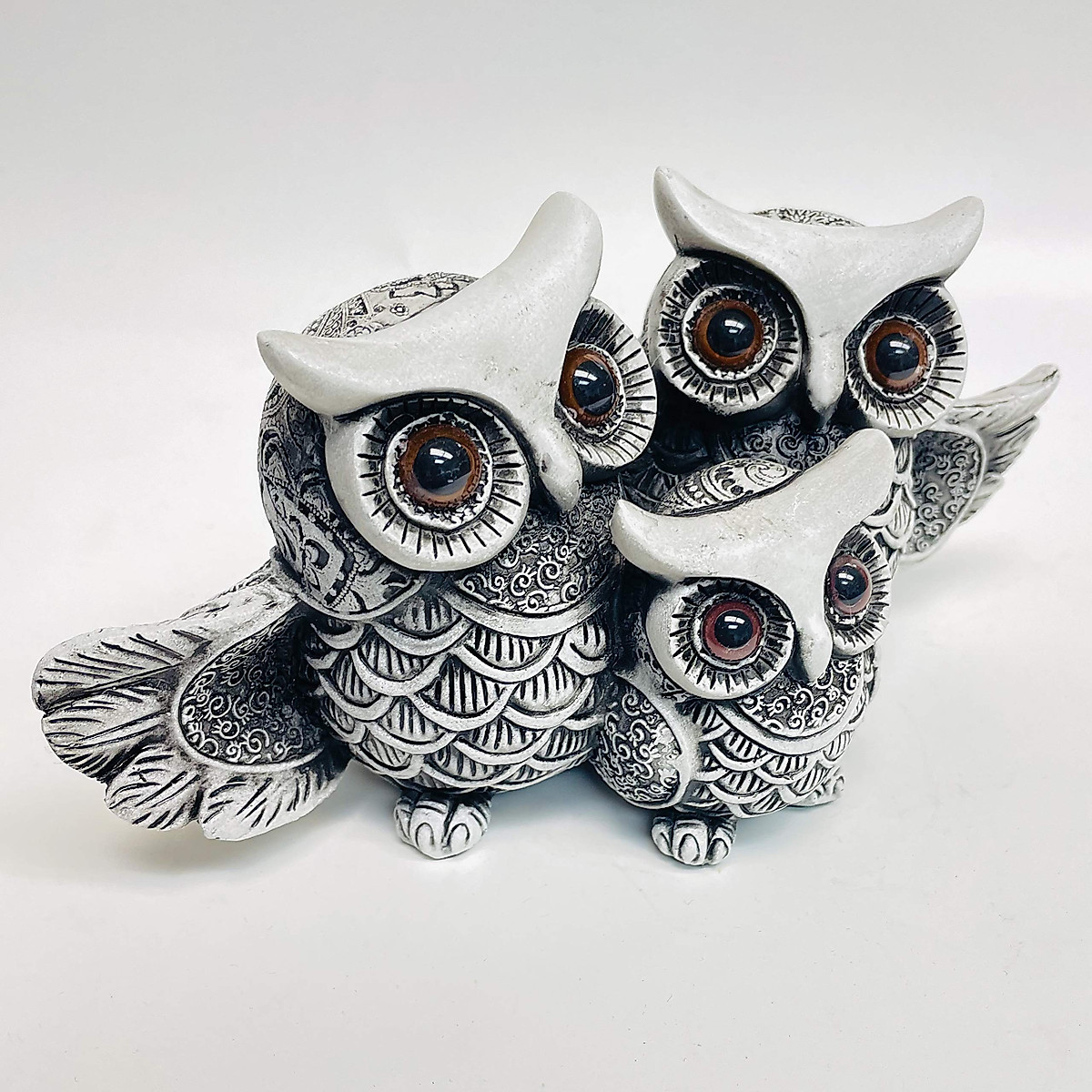Owl Statue for Home Décor Accents, Owl Figurine Decoration for Living Room Kitchen Bedroom Bathroom, Cute Family Set with Wings All Together, Nice Decor (White/Black)