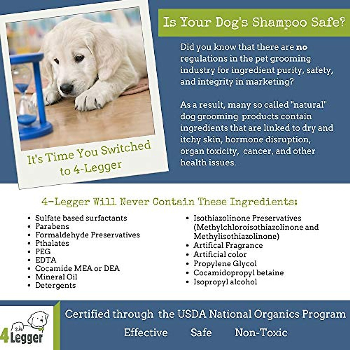 4Legger Organic Dog Shampoo USDA Certified, Hypoallergenic Dog Shampoo, Dog Coconut Shampoo, Gentle Fragrance Free Dog Shampoo with Aloe for Soothing Relief of Dry, Itchy, Sensitive Allergy Skin 16 oz
