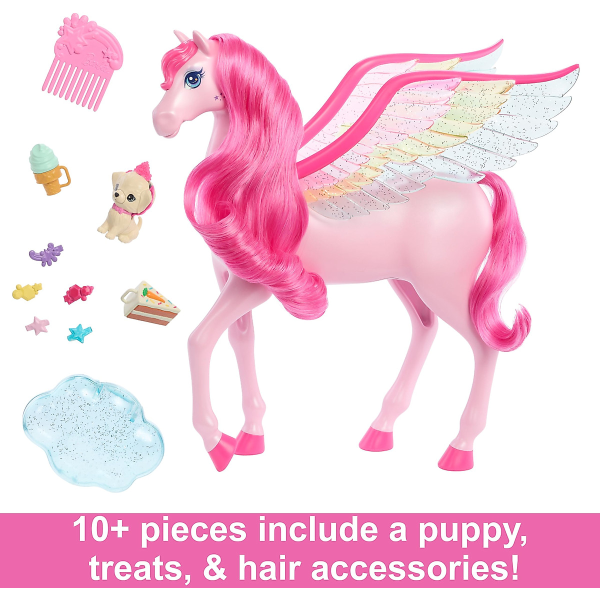 Barbie Doll Toys, Pegasus Pink Winged Horse Toy with 10 Accessories Including Puppy & Barrettes, Inspired A Touch of Magic