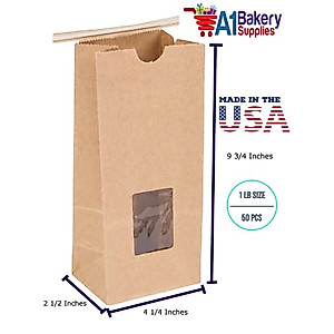 Kraft Tin Tie Poly-Lined Bags Coffee Bags Reclosable Tin Tie Bags with Window - 1Lb - 50 Pack