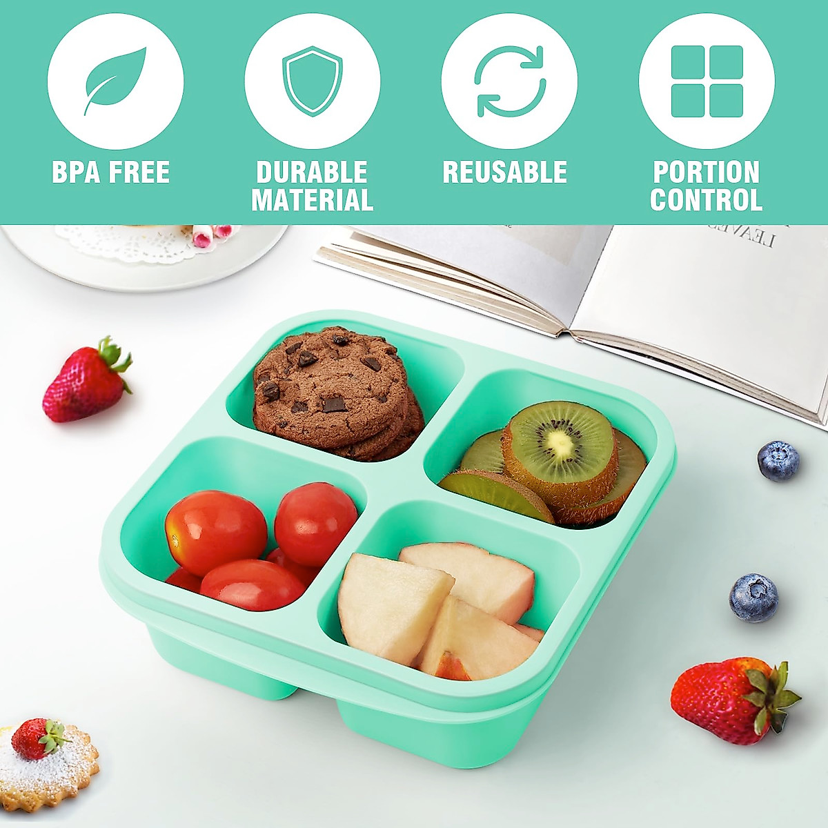Mosville Snack Containers, Reusable 4 Divided Compartments Bento Snack Box Meal Prep Containers with Snacks, Fruits, Nuts, Cookies, Candies [3 Pack]