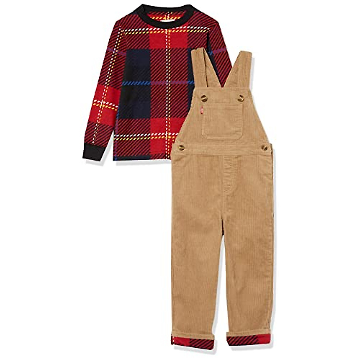 Levi's Baby Boys' Graphic T-Shirt and Overalls 2-Piece Outfit Set, Harvest Gold/Plaid, 4T