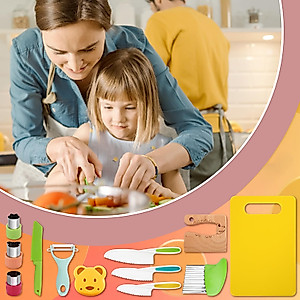 VERTGB 12 Pcs Kids Knife Set,Wooden Kids Kitchen Knife,Kids Knives for Real Cooking,Plastic Kids Knife with Cutting Board,Serrated Edges Toddler Knife,Potato Slicer,Y Peeler,DIY Mold