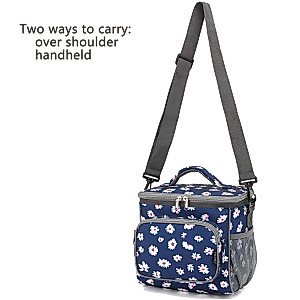 FlowFly Insulated Reusable Lunch Bag Adult Large Lunch Box for Women and Men with Adjustable Shoulder Strap,Front Zipper Pocket and Dual Large Mesh Side Pockets,Daisy