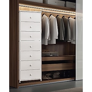 Tall Fabric Dresser for Bedroom, Vertical Storage Organizer Tower with 7 Drawers, Chest of Drawers with Bins, Steel Frame, Wood Top for Bedroom, Closet, Entryway White