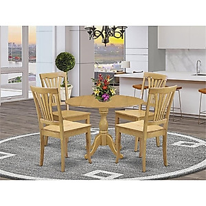 East West Furniture DMAV5-OAK-W 5 Piece Dinette Set for 4 Includes a Round Dining Room Table with Dropleaf and 4 Kitchen Dining Chairs, 42x42 Inch, Oak