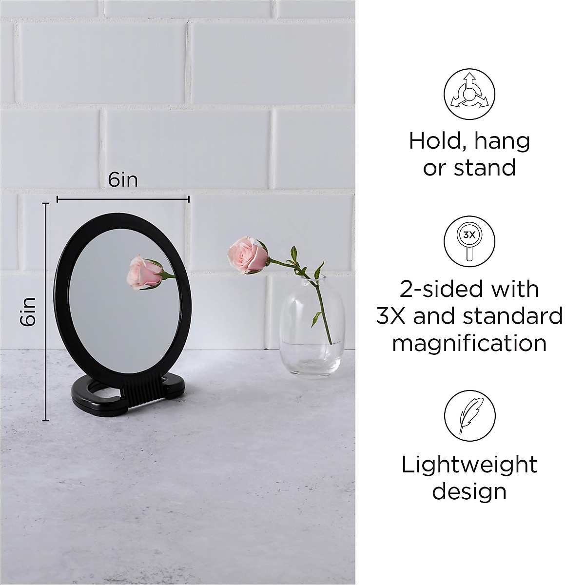 Diane Plastic Handheld Mirror – Magnifying 2-Sided Vanity Mirror with Folding Circle Handle and Stand for Hanging – Medium Size, 6”x 10” for Travel, Bathroom, Desk, Makeup, Beauty, Grooming, D1014
