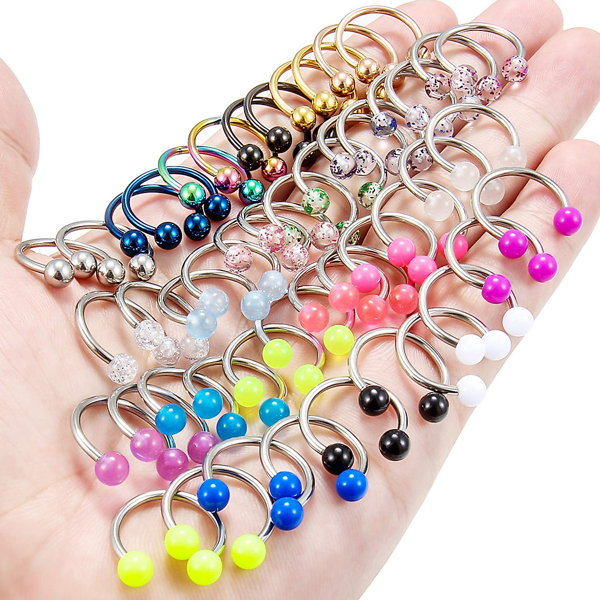 Ftovosyo 48PCS Nipplerings Piercing Women Surgical Steel Glow in The Dark Nipple Rings Hoop Horseshoe Barbell Piercing Jewelry 14G 14mm Externally Threaded Ball Silver Rose Gold Black