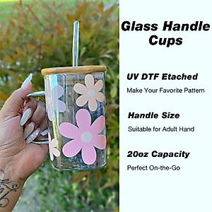 HUAHANGNA Square Drinking Glasses With Handle Set of 4-20 OZ Glass Tumbler Cup with Bamboo Lids and Straw, Beer Can Shaped Glad Glass Cups for Iced Coffee, Soda, Water, Matcha, Chocolate…