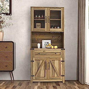 WESOME Farmhouse Bar Cabinet for Liquor and Glasses with Barn Door and Drawer, Liquor Cabinet Bar for Home/Kitchen/Dining Room, Yellow Walnut