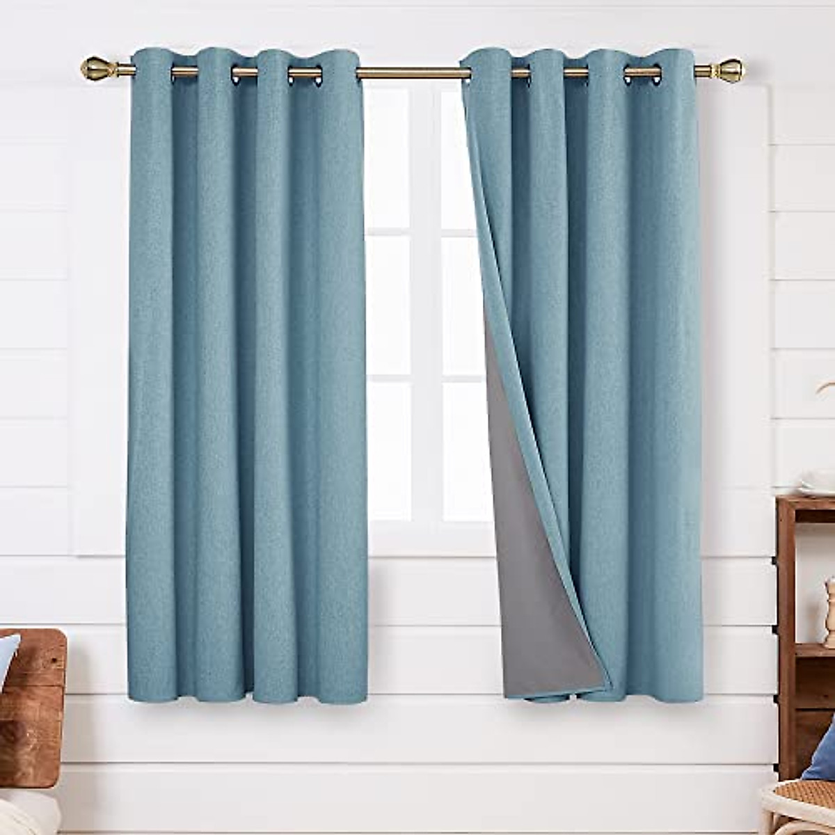 Deconovo Total Blackout Curtains 45 Inch Length, Teal Curtains Set of 2, Linen Textured Grommets Top Curtain with Coating, Short Curtains for Small Windows(Teal, 52W x 45L Inch, 2 Panels)
