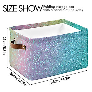 Large Foldable Storage Basket Iridescent Rainbow Glitter Storage Bin Canvas Toys Box Fabric Decorative Collapsible Organizer Bag with Handles for Bedroom Home