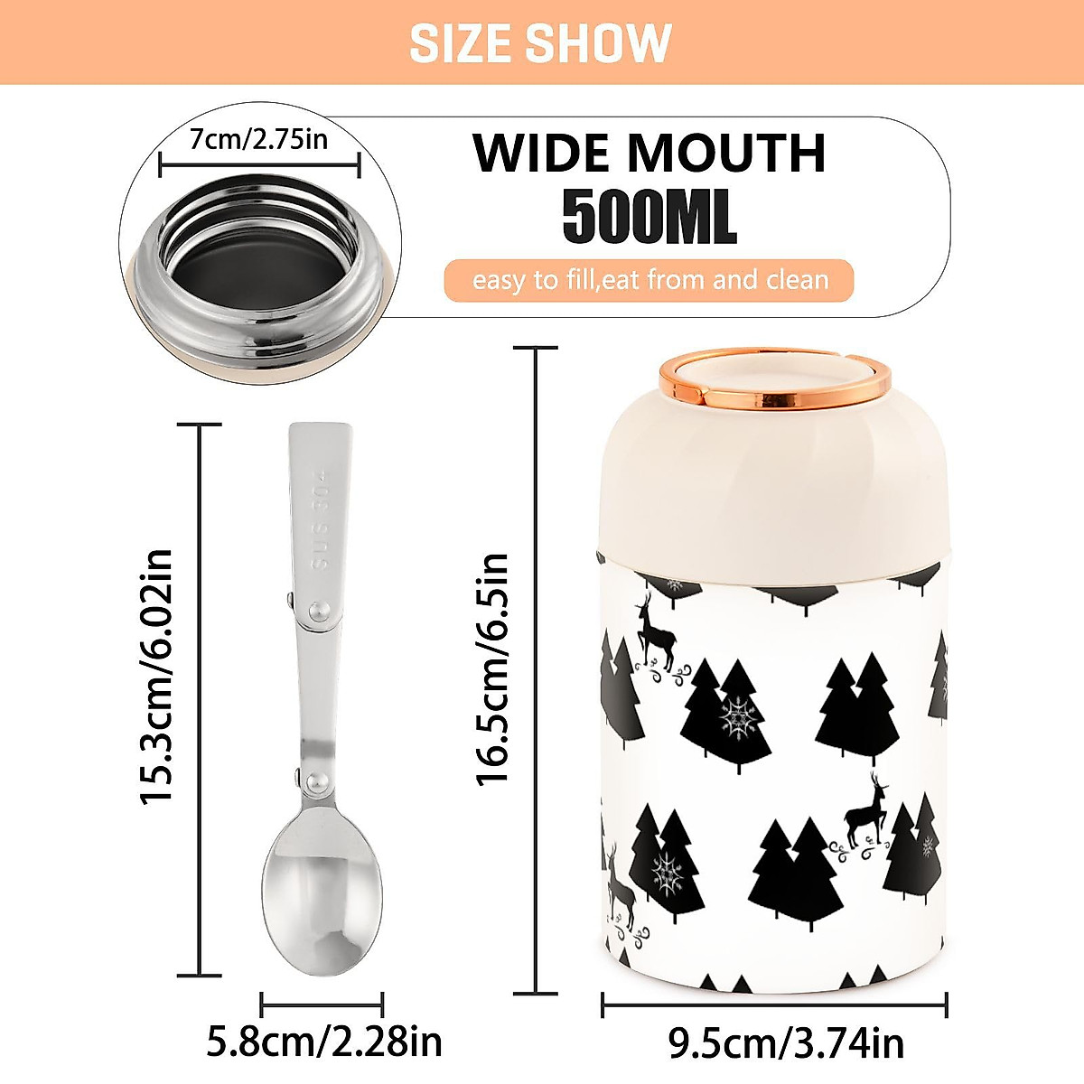 JUNZAN Black Christmas Tree Deer Kids Womens Insulated Food Jar Containers with Spoon 17oz/500ml Containers To Keep Food Hot Stainless Steel Vacuum Food Warmer Thermo Container for Hot/Cold Food