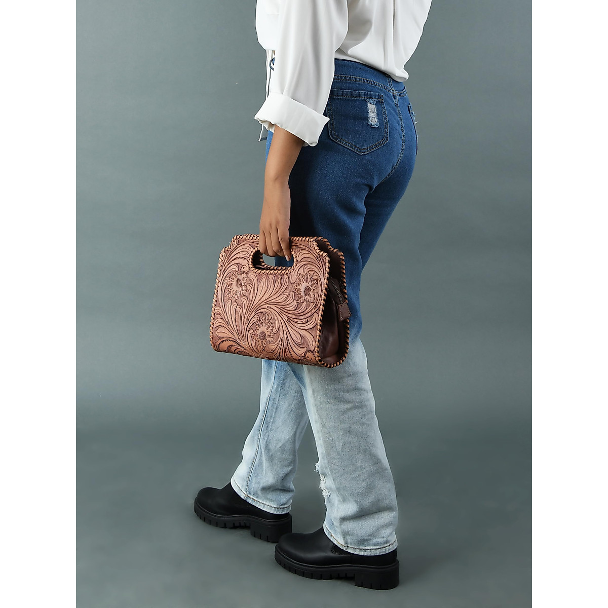 Western Handcrafted Leather Clutch Purse - Vintage Floral Design, Handmade Embossed Handbag for Women