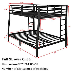 Bellemave Full XL Over Queen Metal Bunk Bed for Adults,Heavy-Duty Bunk Bed with 2 Ladders,Full Over Queen Bunk Beds,Space-Saving Bunk Bed for Kids/Teens/Adults,Noise-Free,Black