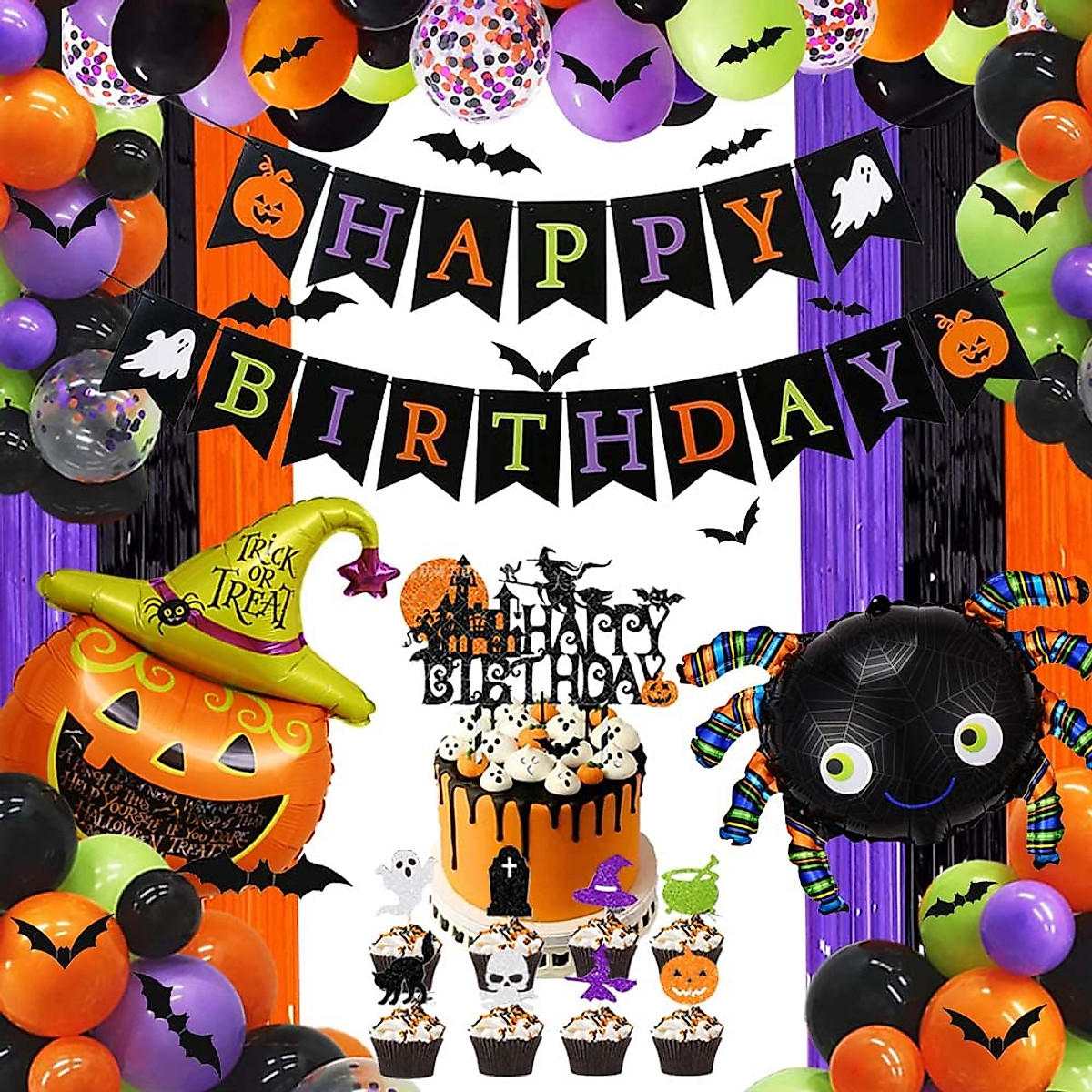 Halloween Birthday Party Decorations Include happy birthday halloween banner halloween balloons Halloween Birthday Cake Topper halloween fringe curtain for Halloween Birthday Party Supplies
