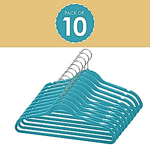 Velvet Clothes Hangers (Pack of 10), Turquoise, by Home Basics | Felt Hangers for Tops, Jackets, Dresses, and Pants | Contoured Hangers with Notches | Ultra-Thin Space Saving Clothes Hangers