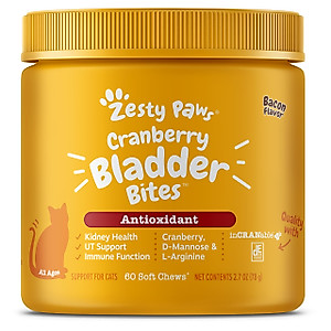 Zesty Paws Cranberry Urinary Tract Bites for Cats - Kidney & Urinary Tract Health - Soft Chews with D-Mannose, Vitamin B6 & L-Arginine - Immune & Gut Support - Bacon - 60 Count