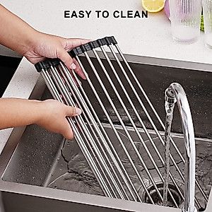 NileHome Roll Up Dish Drying Rack, Sink Drying Rack Over Sink Dish Drying Rack 304 Stainless Steel Foldable Drain Rack for Kitchen Sink Counter Utensils Vegetables and Fruits (17.5''X13.4'')，Black