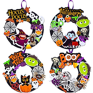 AnyDesign 12 Pack Halloween Foam Wreath Craft Kits with Glitter Hocus Pocus Spider Colorful Pattern Stickers and Purple Ribbons Foam Wreath Signs Craft for Kids Art Project DIY Halloween Party Decor