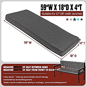 Sundale Outdoor Waterproof Olefin Bench Cushion, Outdoor/Indoor Durable Thicken Pad with Adjustable Straps, Patio Garden Sofa Settee Couch Loveseat Cushion (Dark Gray, 59" W x 18" D x 4" T)