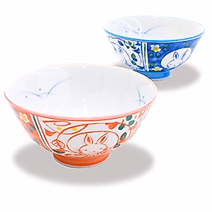 Mino Ware Rice Bowl Set, 4.4 inch, Red Rabbit Design, Blue, Japanese Ceramic Bowls, 5.2 oz, Set of 2