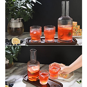 NINU 27oz Bedside Carafe and Glass Set, Ribbed Water Carafe Glassware Drinking Glasses for Nightstand, Vintage Fluted Glassware Water Pitcher - Clear, Christmas gift, Thanksgiving Day gift