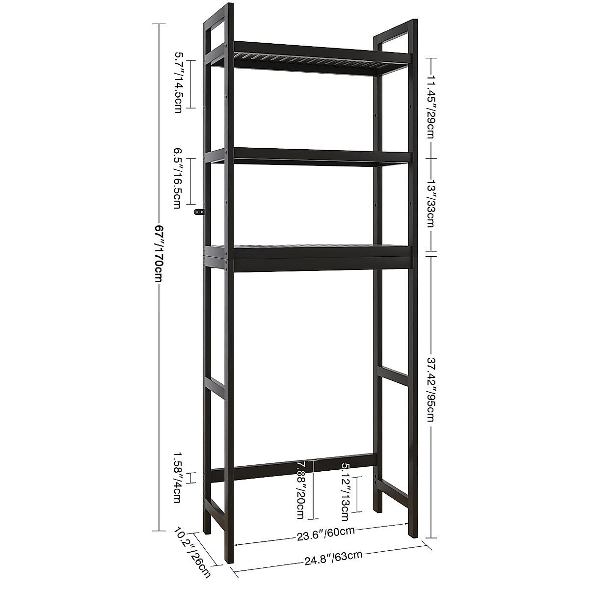SMIBUY Bathroom Storage Shelf, Bamboo Over-The-Toilet Organizer Rack, Freestanding Toilet Space Saver with 3-Tier Adjustable Shelves (Black)