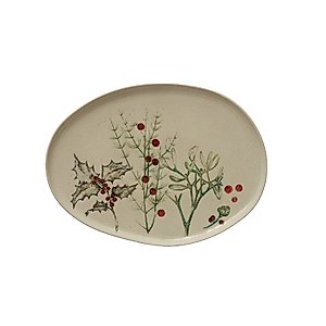 Creative Co-Op Oval Debossed Stoneware Platter with Seasonal Botanical, Reactive Crackle Glaze, Multicolor