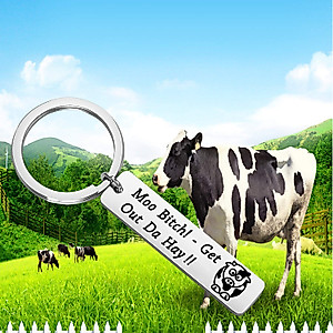 FEELMEM Funny Cow Cow Lover Gift Moo Bitch Get Out Da Hay Keychain Farmer Gift