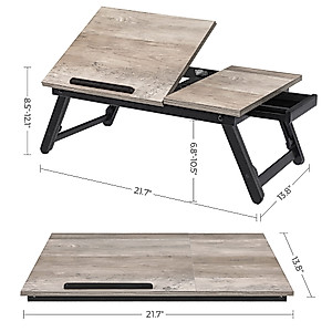 SONGMICS Laptop Desk for Bed or Sofa with Adjustable Tilting Top, Breakfast Serving Tray with Height Adjustable Folding Legs, Fits Screen Size up to 15.6 Inches, Floor Desk, Greige ULLD105W01