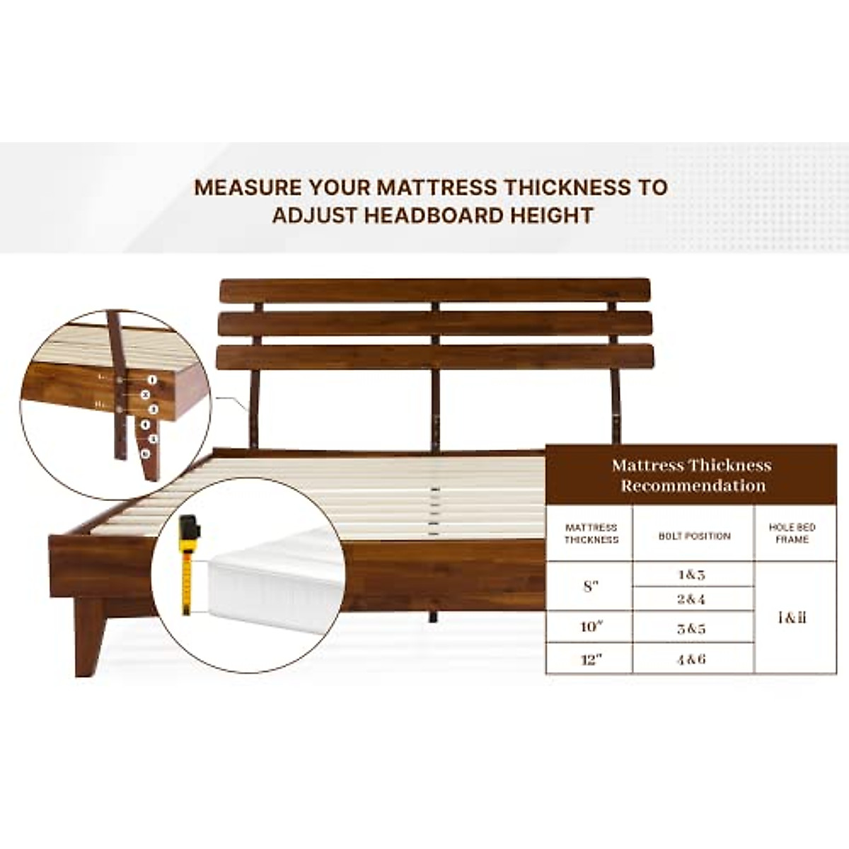 Bme Caden 15 Inch Deluxe Bed Frame with Adjustable Headboard - Mid Century, Retro Style with Acacia Wood - No Box Spring Needed - 12 Strong Wood Slat Support - Easy Assembly - Dark Chocolate, King