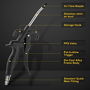 High Volume Air Blow Gun with Rubber Guard Air Flow Nozzle, Industrial Household Air Blower Gun Angle Ben Jet Nozzle, Air Gun for Compressor Pneumatic Tool for Dust Cleaning Car Detailing